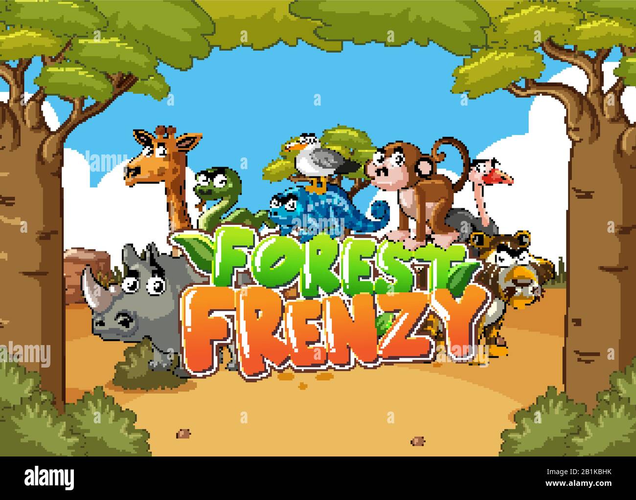Forest scene with word forest frenzy and wild animals in background ...