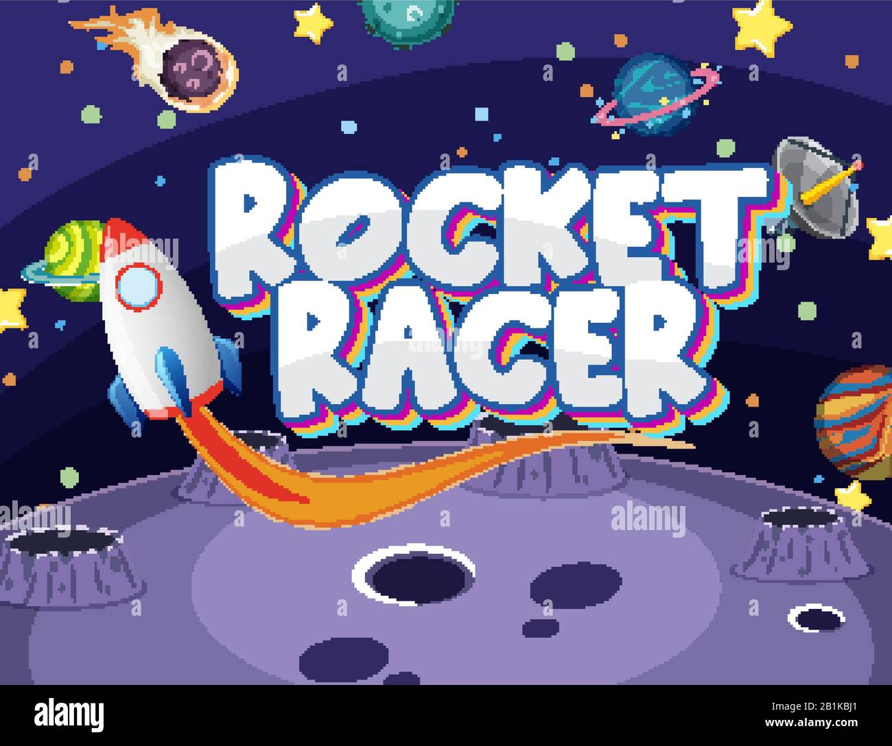 Poster design with rocket racer and many planets in background ...