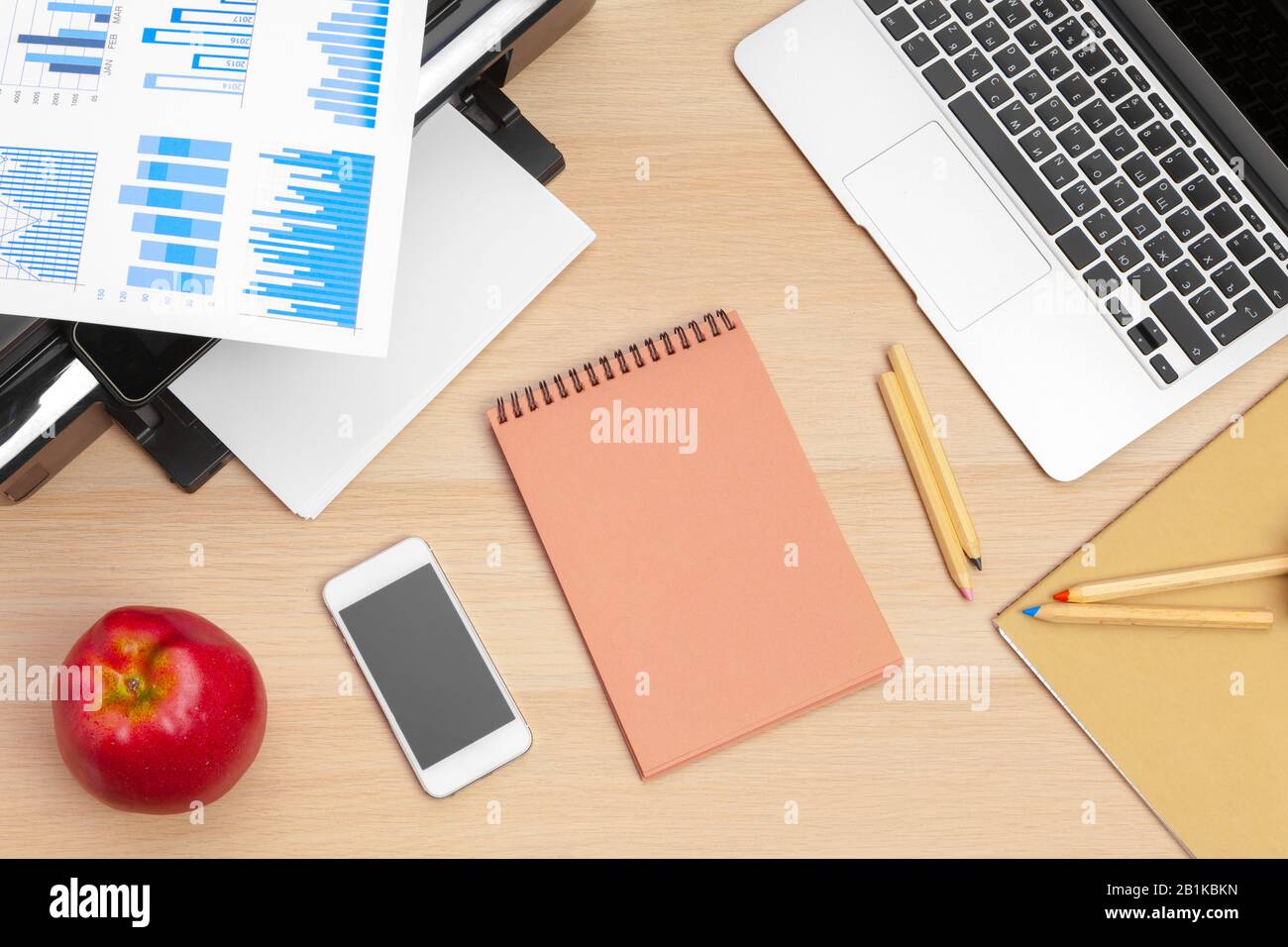 Printer and computer. Office table. Top view Stock Photo - Alamy