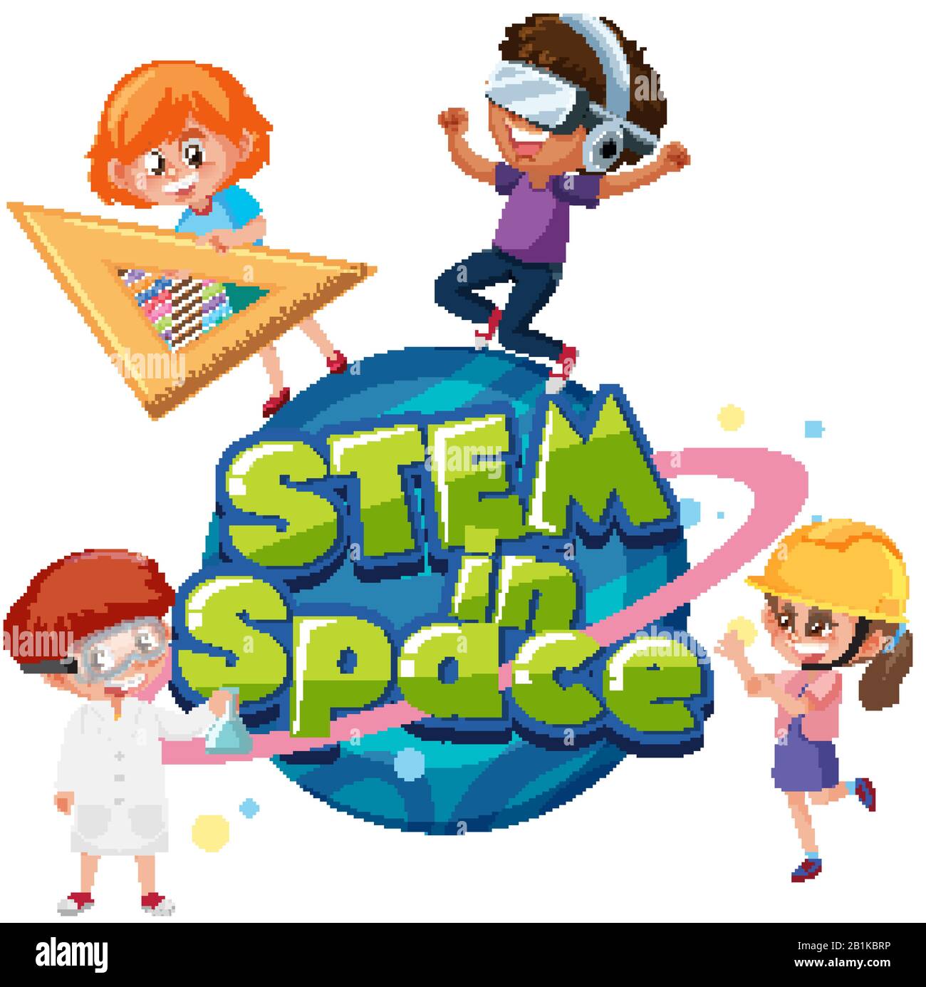 Sticker template for word STEM in sapce with happy children ...