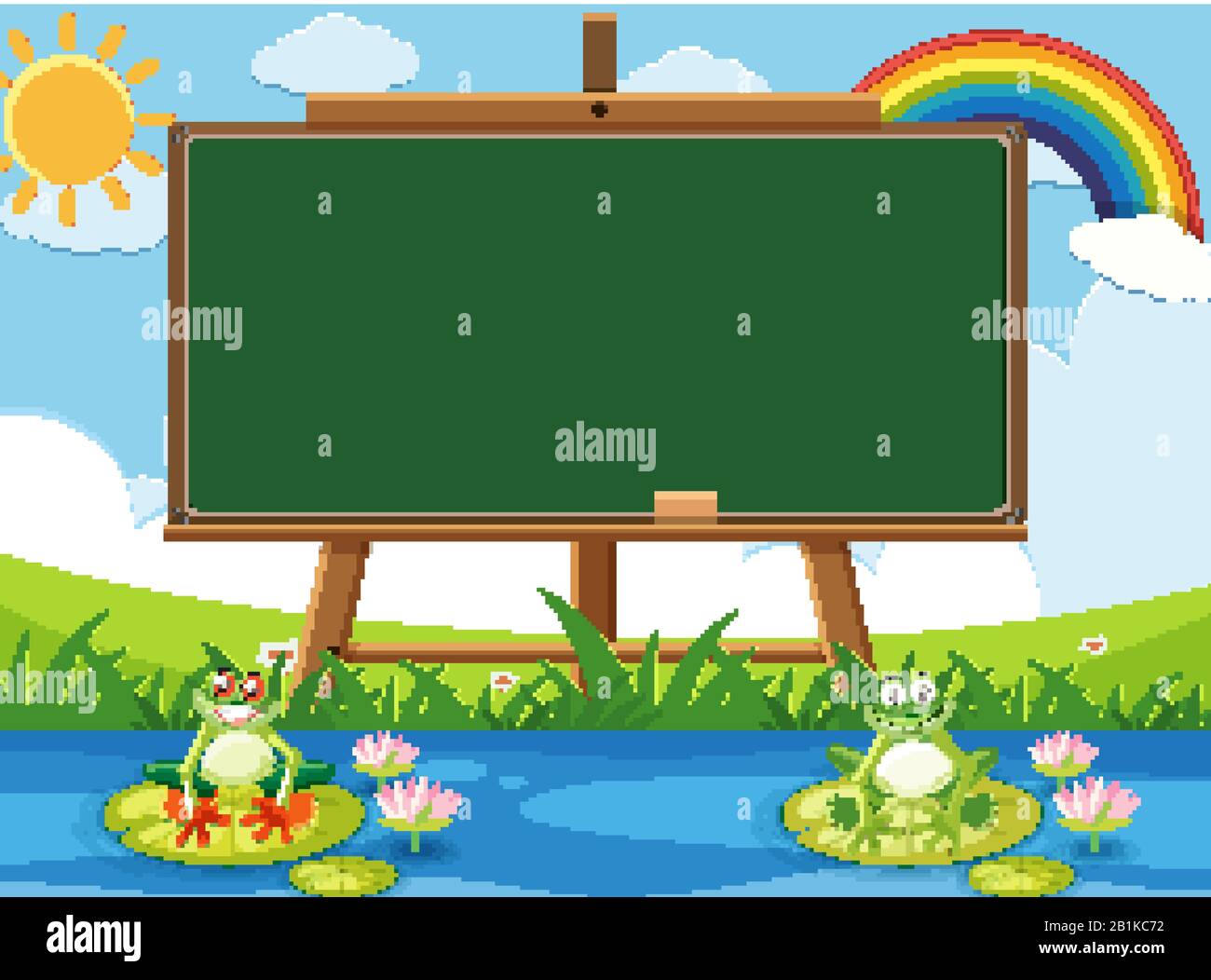 Scene with blank sign and two happy frogs in the pond illustration ...