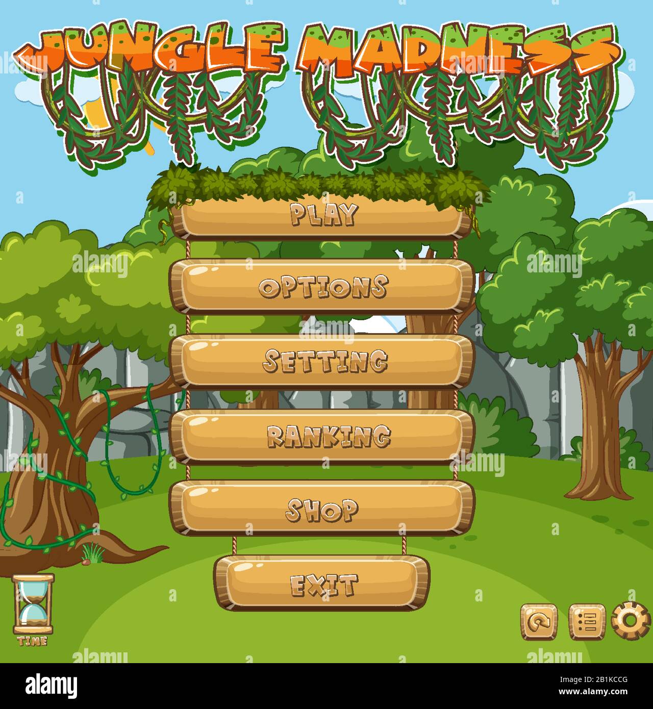 Game template design with trees in forest background illustration Stock ...