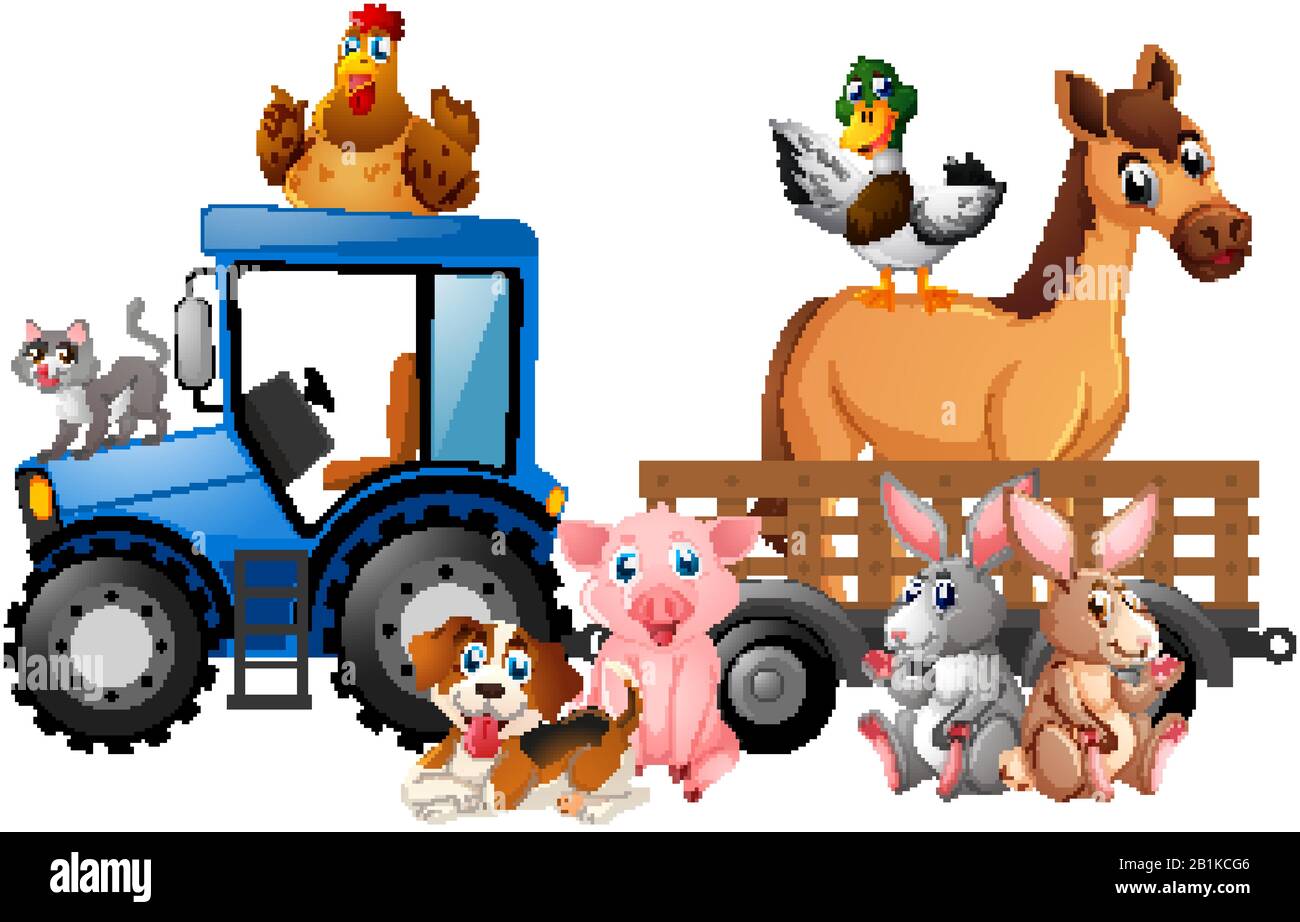 Many farm animals riding tractor on white background illustration Stock ...