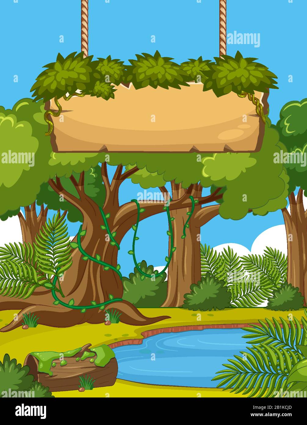 Background scene with many trees and wooden sign in forest illustration ...