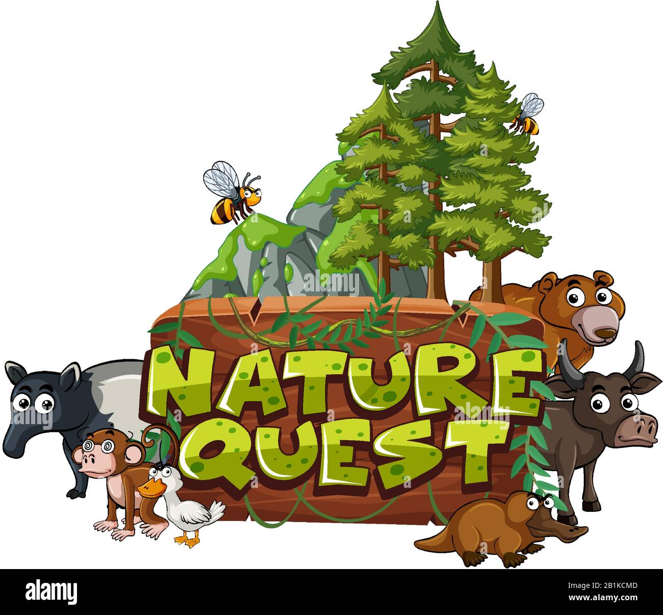 Font design for word nature quest with animals in forest background ...