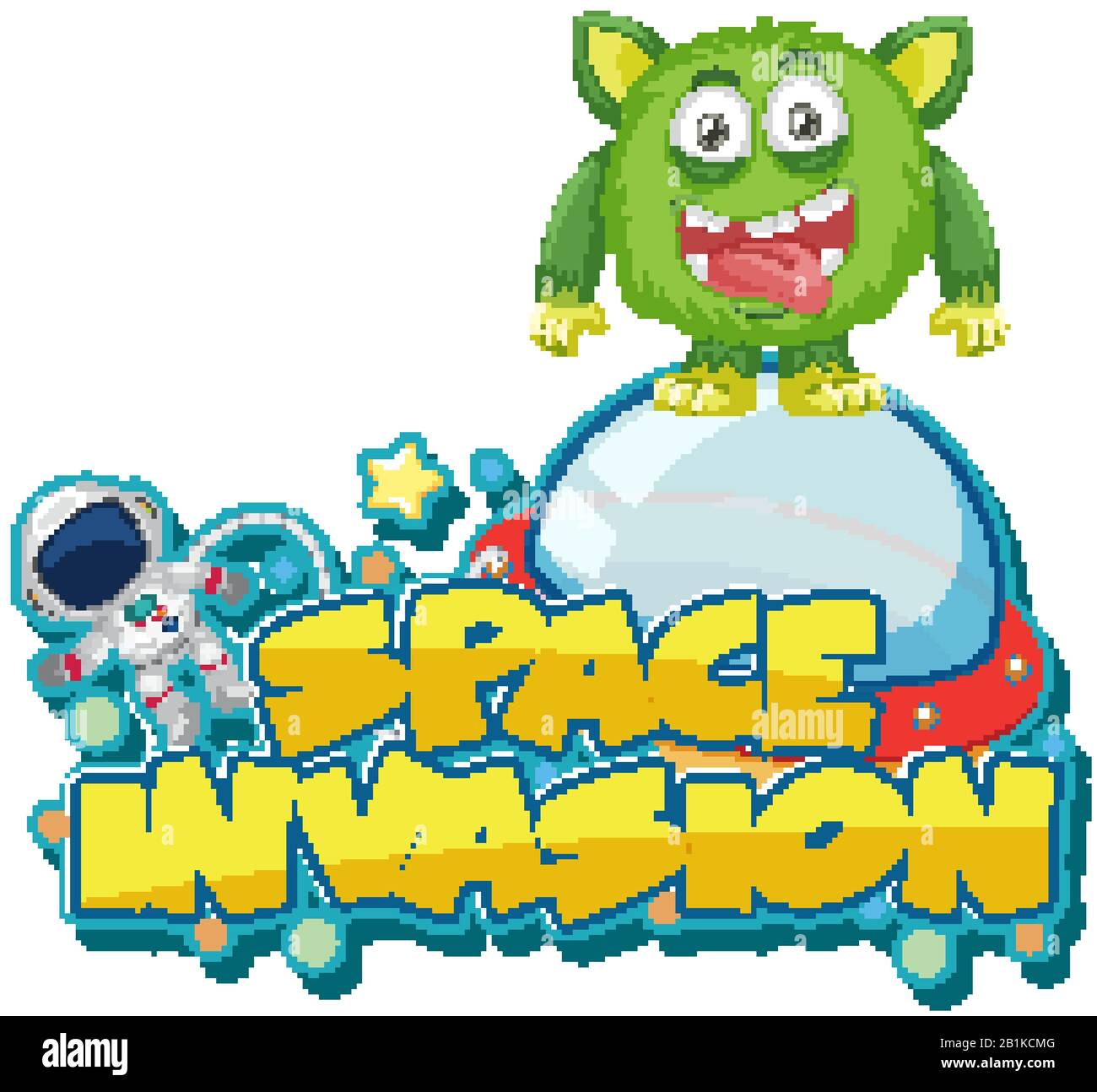 Sticker template for word space invasion with alien and UFO ...