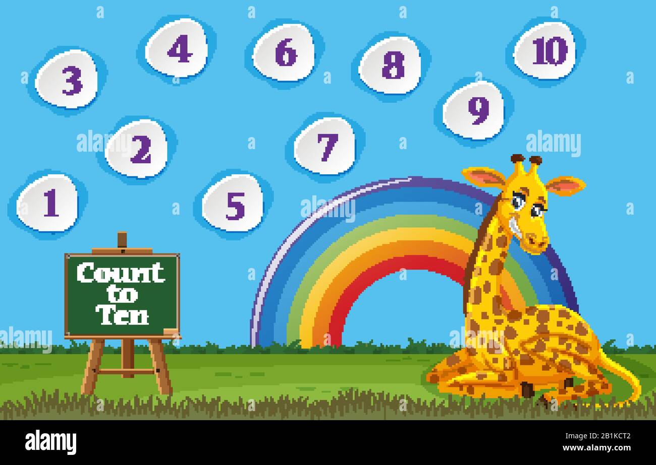 Counting number one to ten with giraffe sitting in the field ...