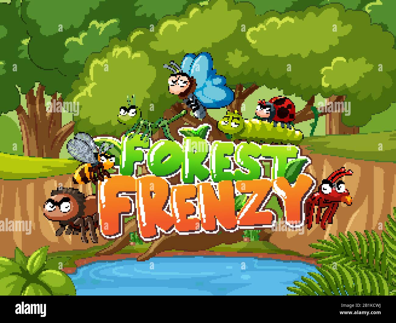 Background design with name forest frenzy and many bugs in forest ...