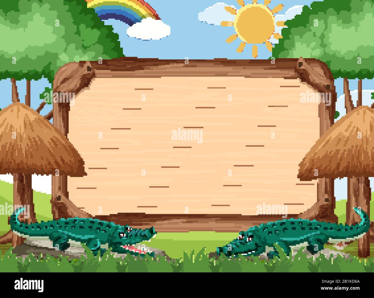 Wooden sign template with wild crocodiles in the park illustration ...