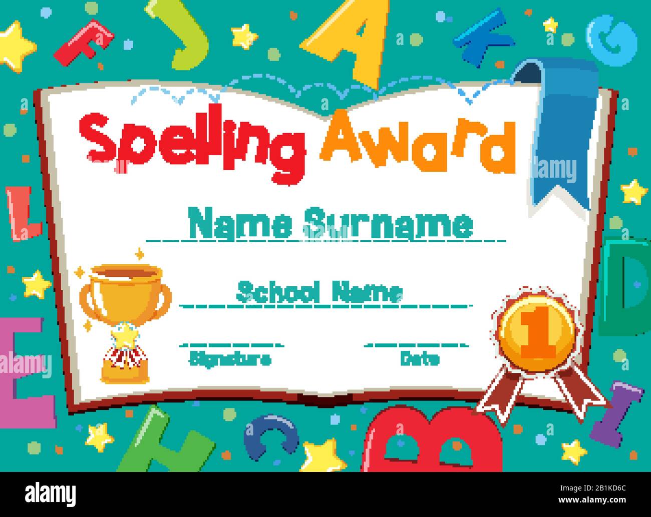 Certificate template for spelling award with alphabets in background ...