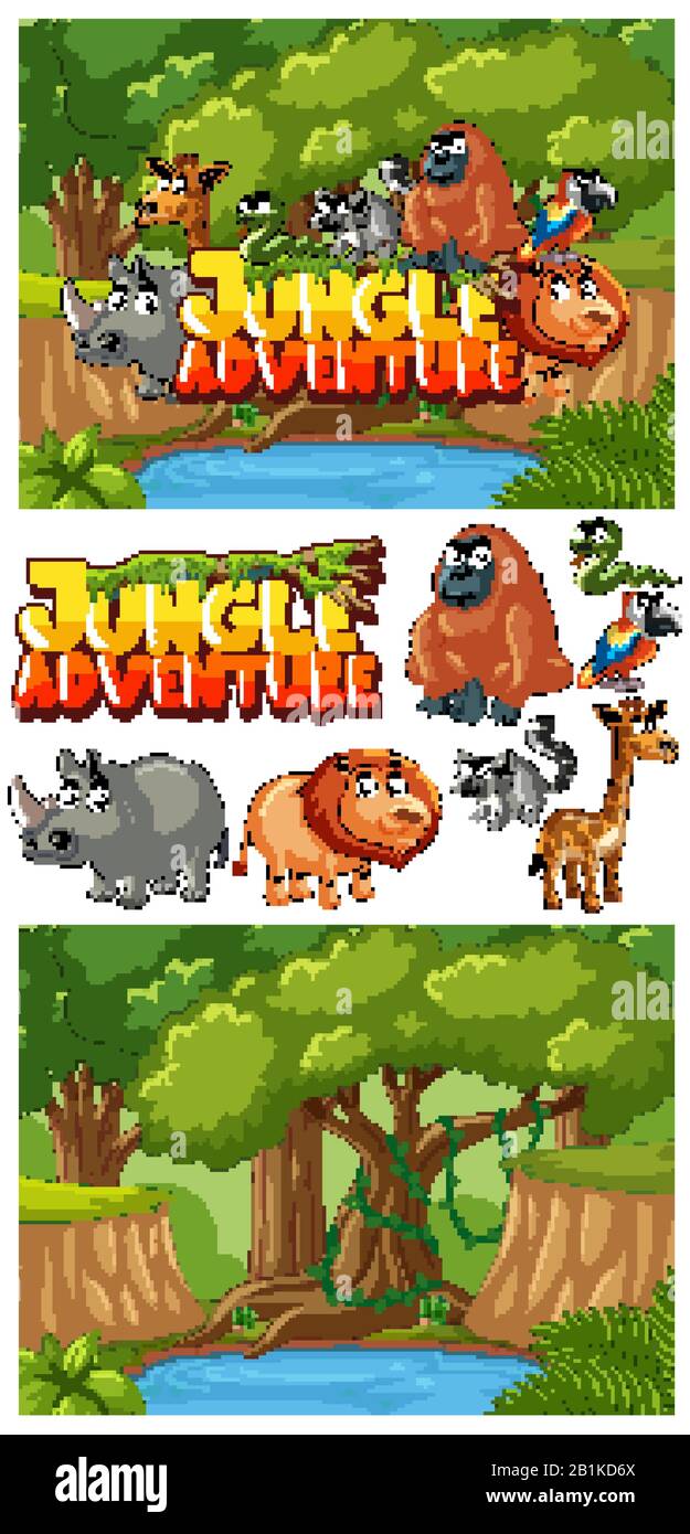 Background design for jungle adventure with animals in forest ...