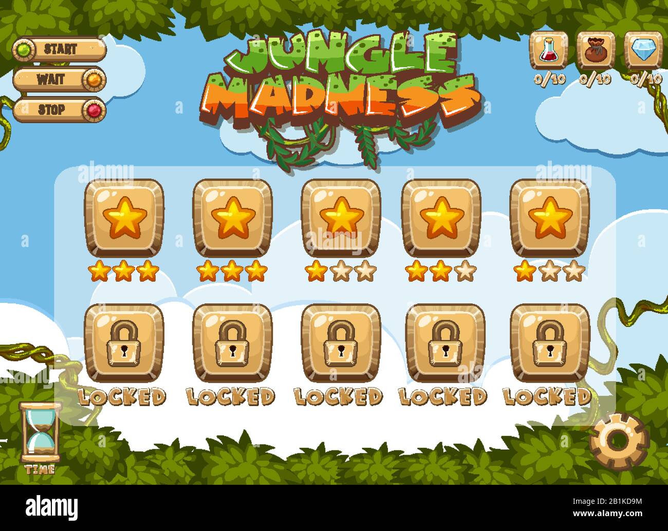 Computer game template with green trees in background illustration ...