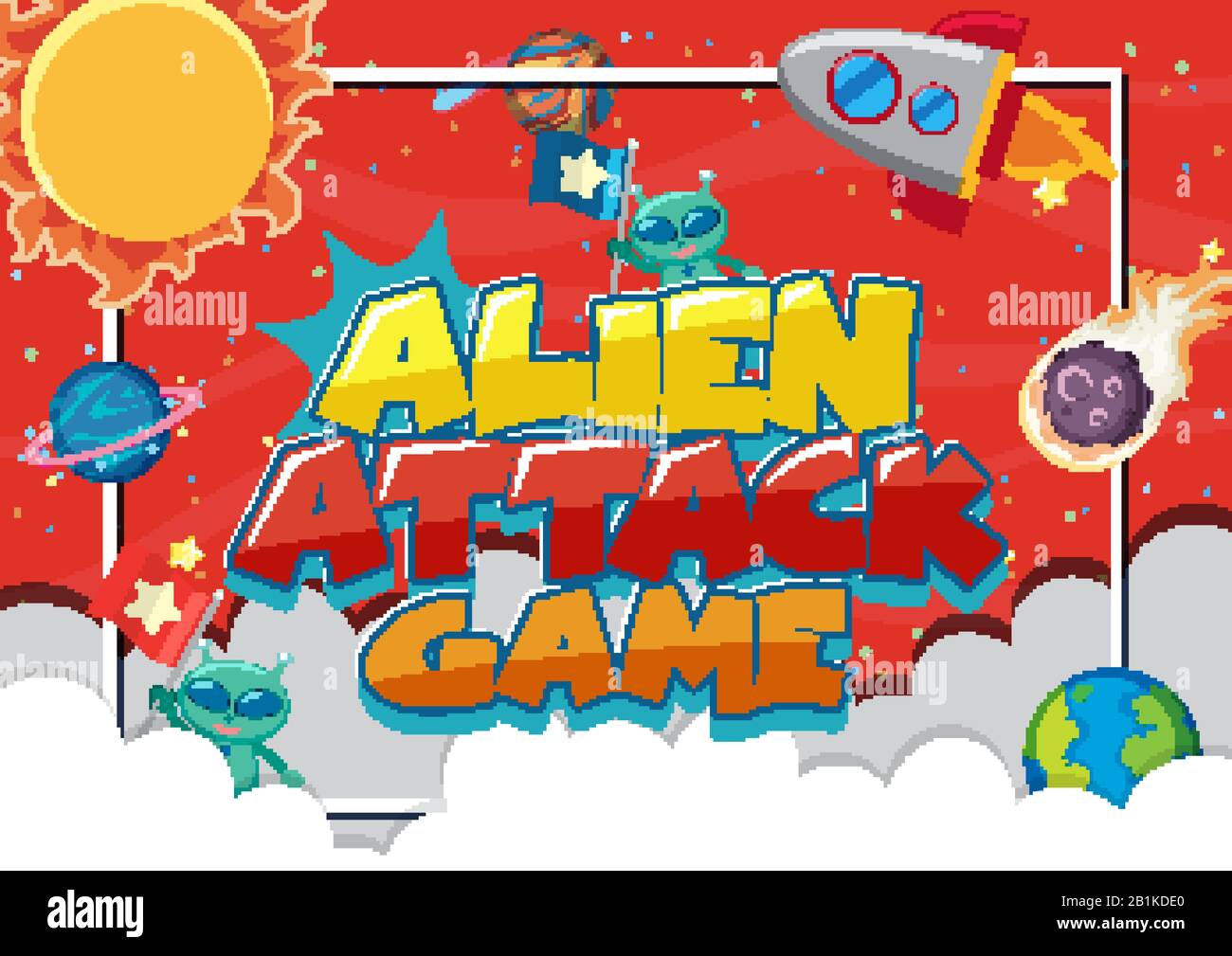 Poster design with alien attack game with spaceship and many planets ...