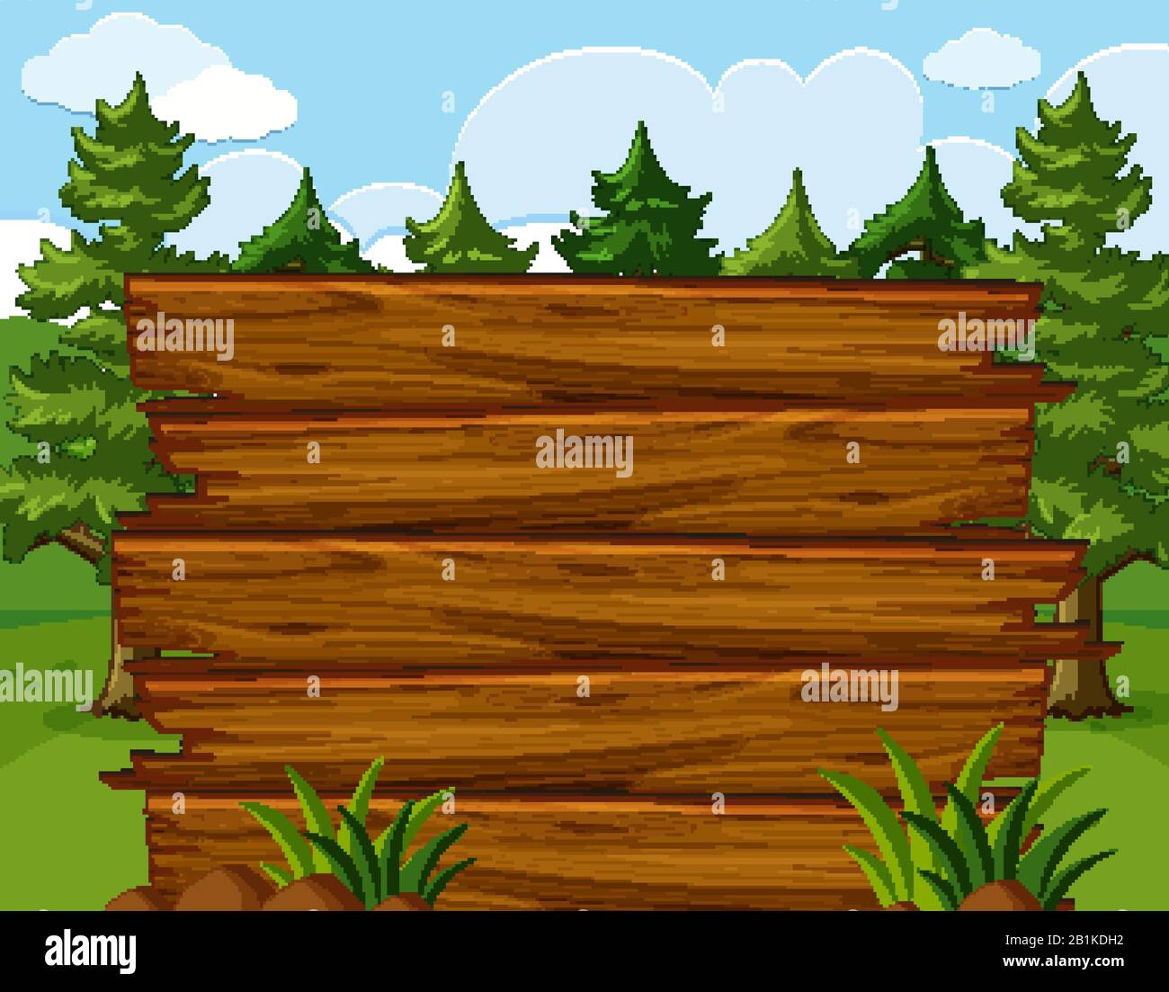 Wooden sign template with many pine trees in the park illustration ...