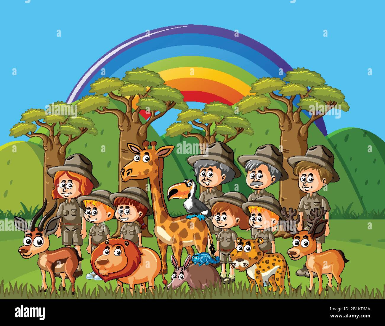 Background scene with many park rangers and wild animals illustration ...