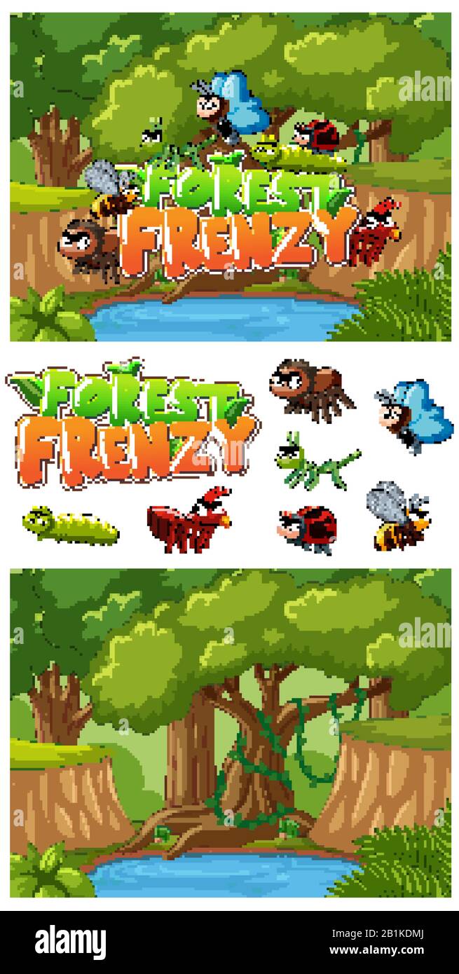 Background design with many insects in forest illustration Stock Vector ...