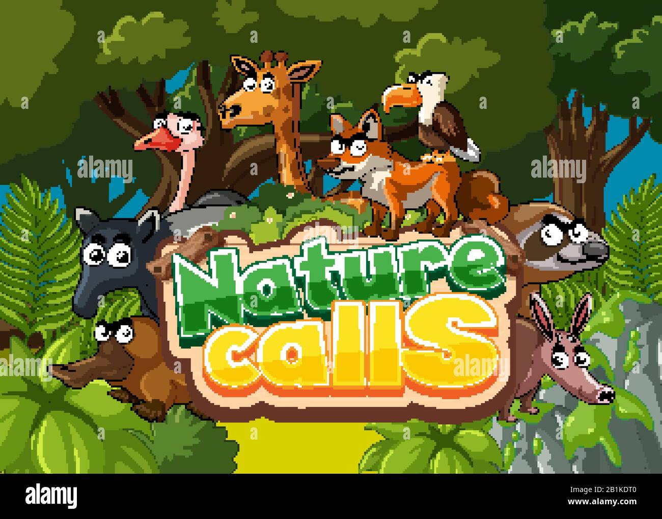 Jungle scene with word design for nature calls illustration Stock ...