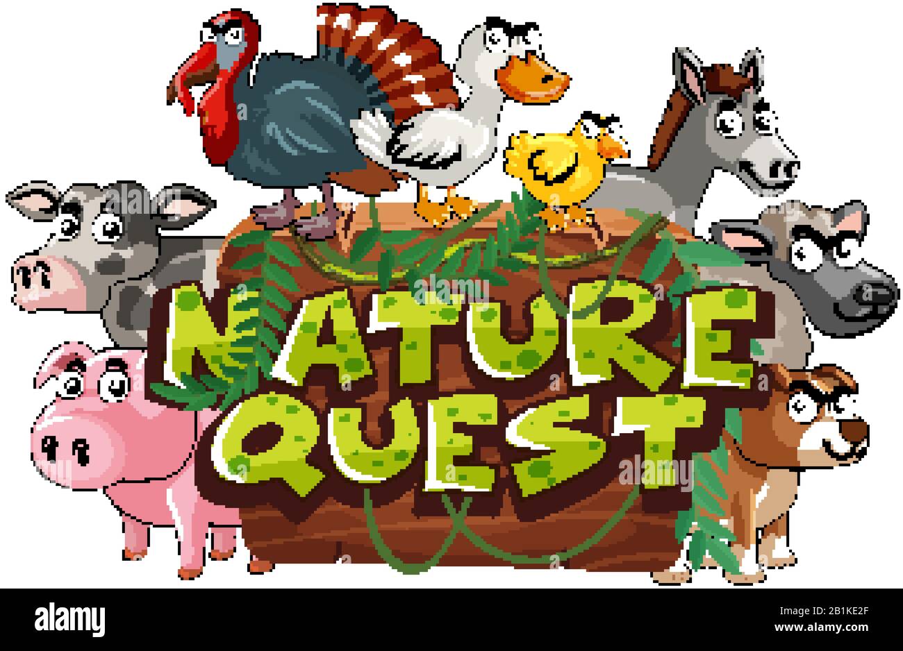 Font design for word nature quest with farm animals illustration Stock ...