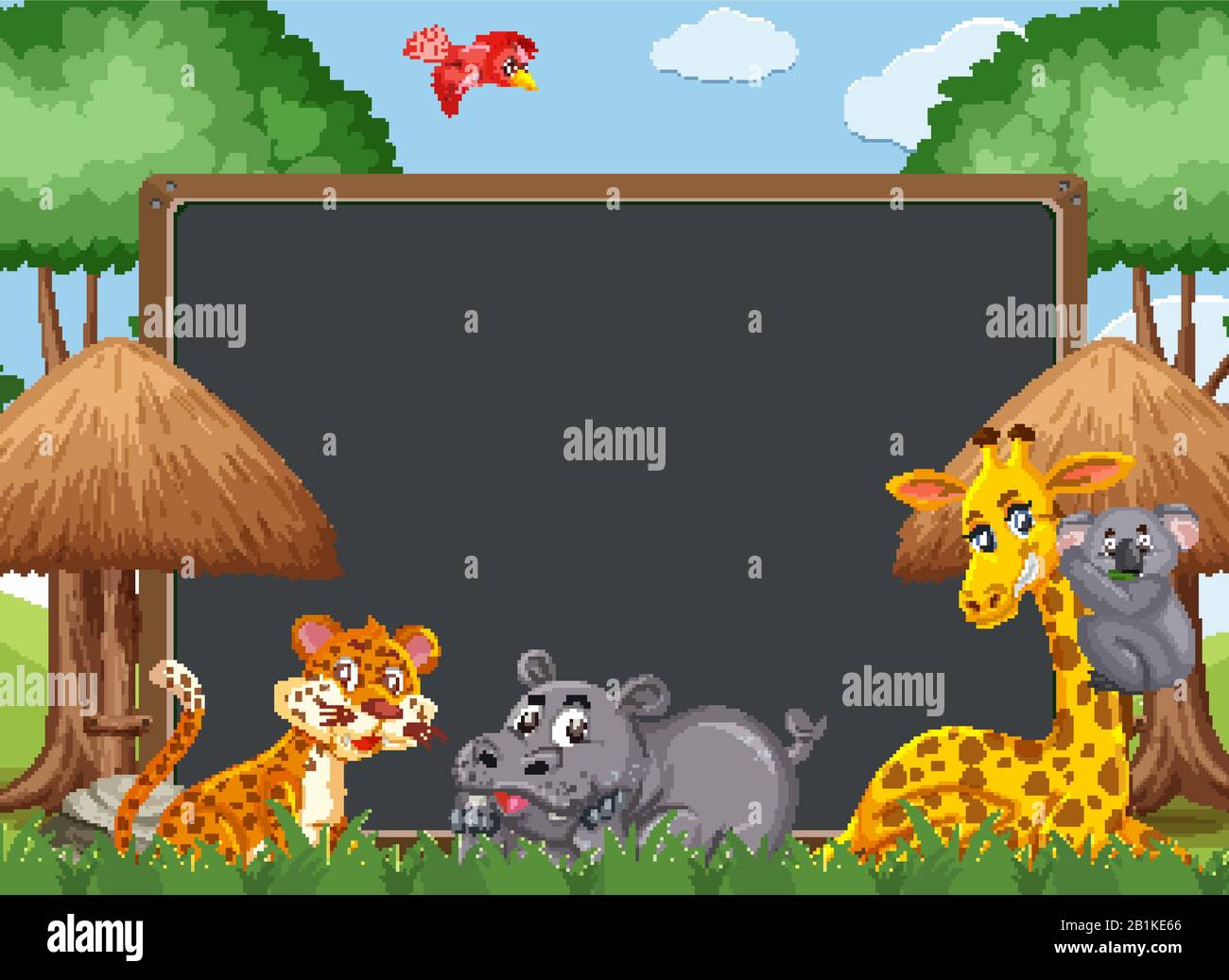 Blackboard template design with wild animals in the zoo illustration ...