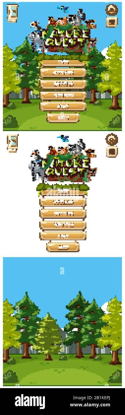 Background design for game menu with animals and trees in forest ...