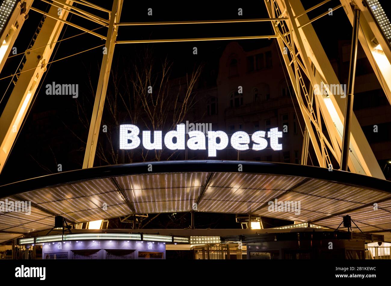 Budapest sign at night on Budapest Eye ferris wheel Stock Photo - Alamy