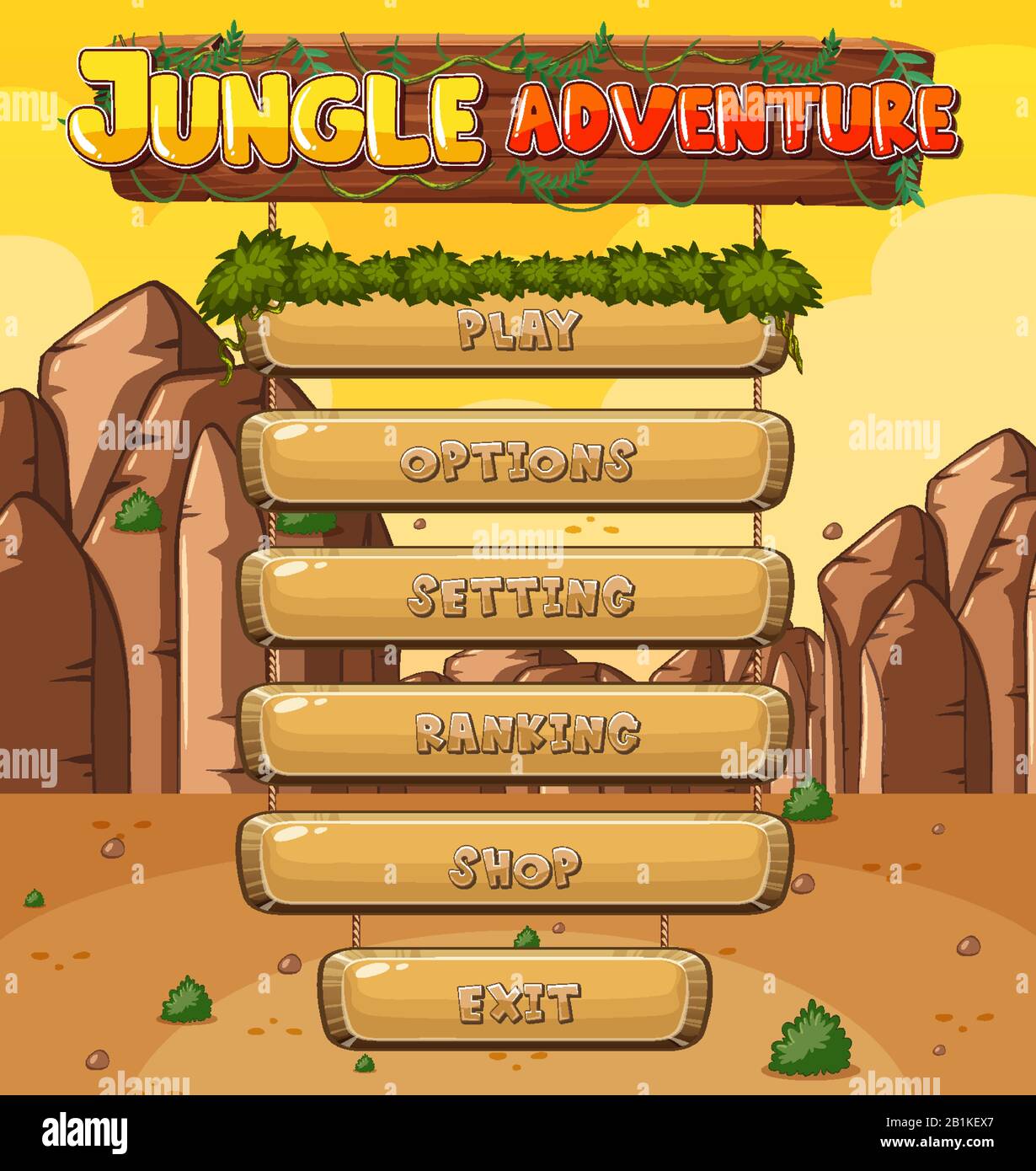 Game template design with mountains and yellow sky background ...