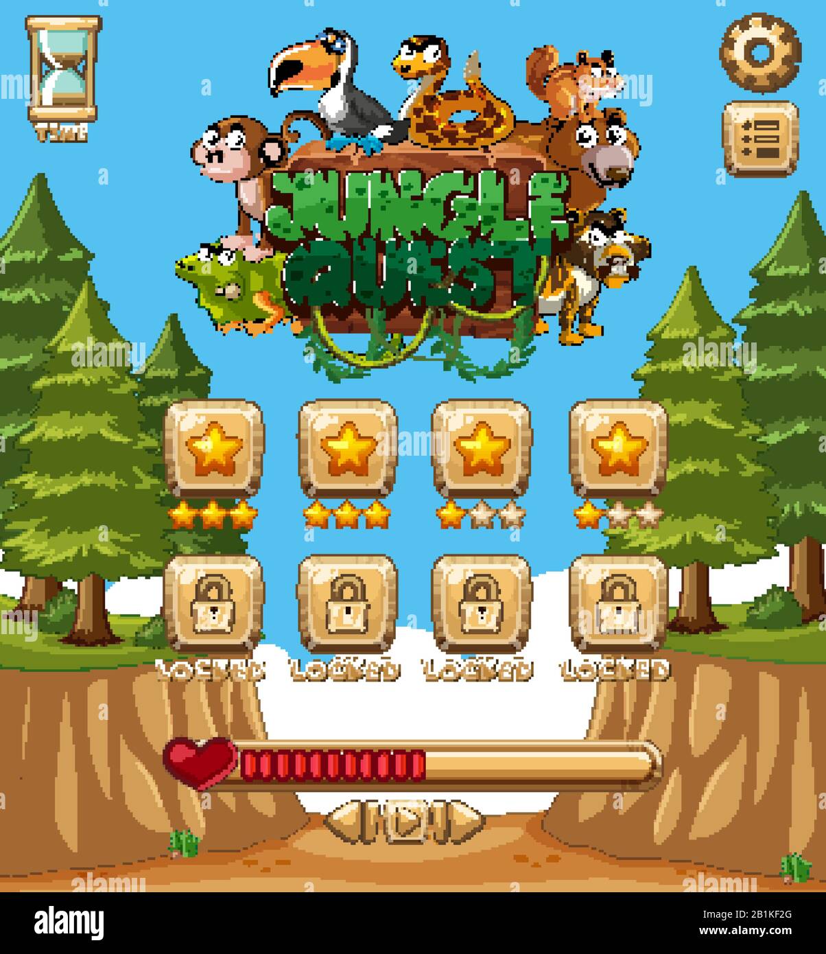 Game template design with trees in foest background illustration Stock ...