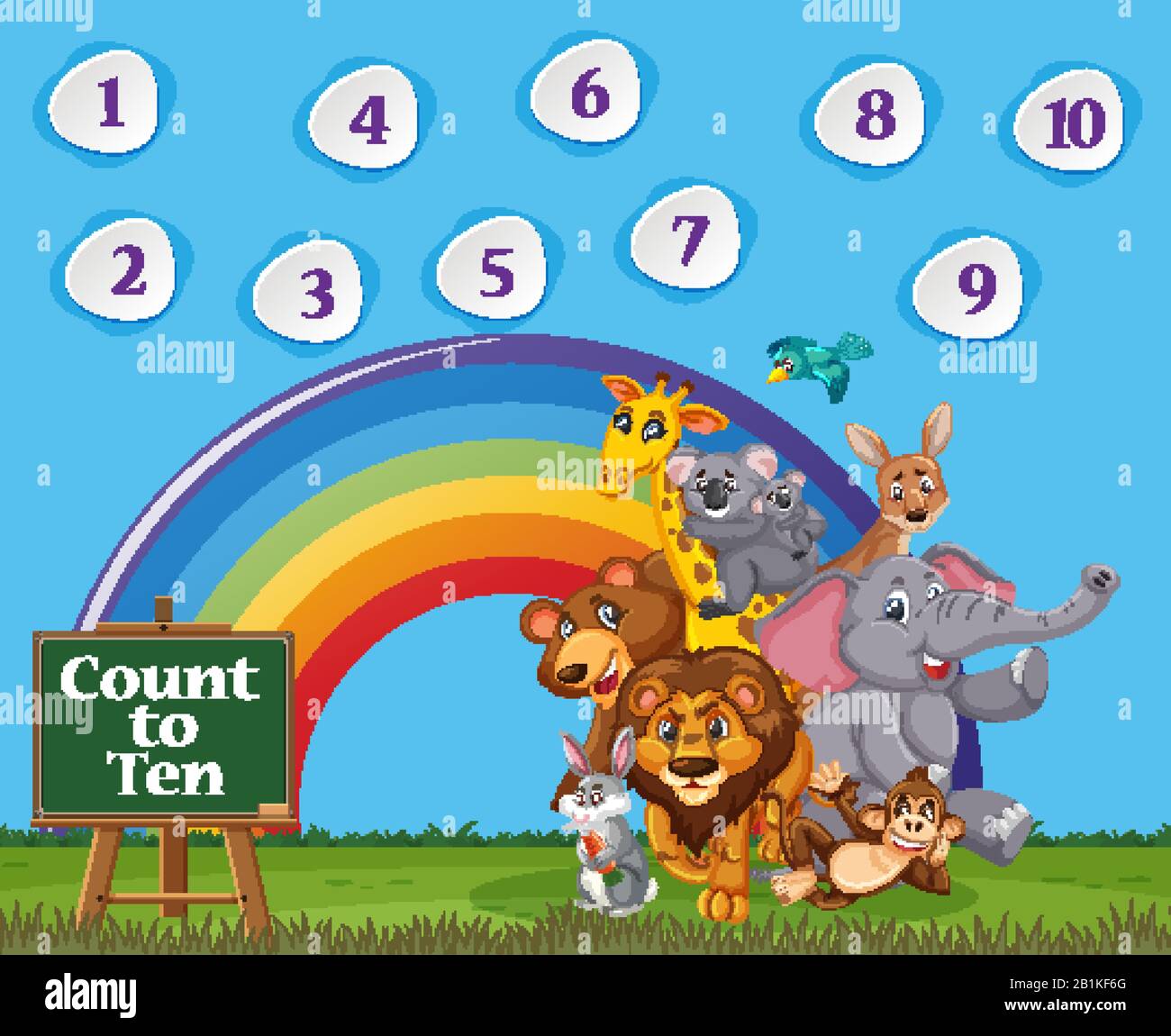 Number one to ten with blue sky and colorful rainbow background ...