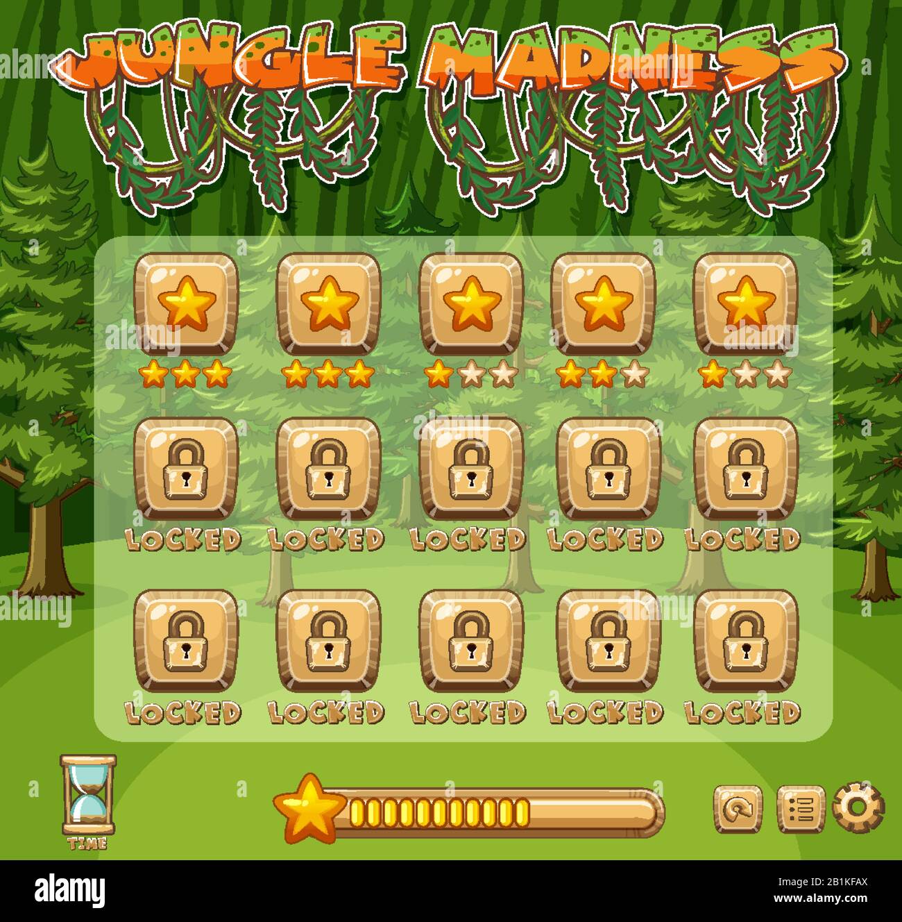 Computer game template with green trees in background illustration ...