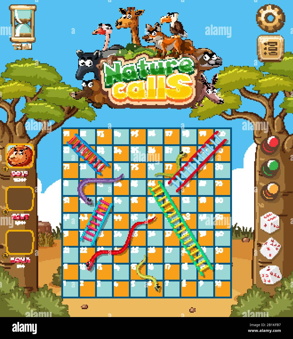 Game template design with trees and animals in background illustration ...