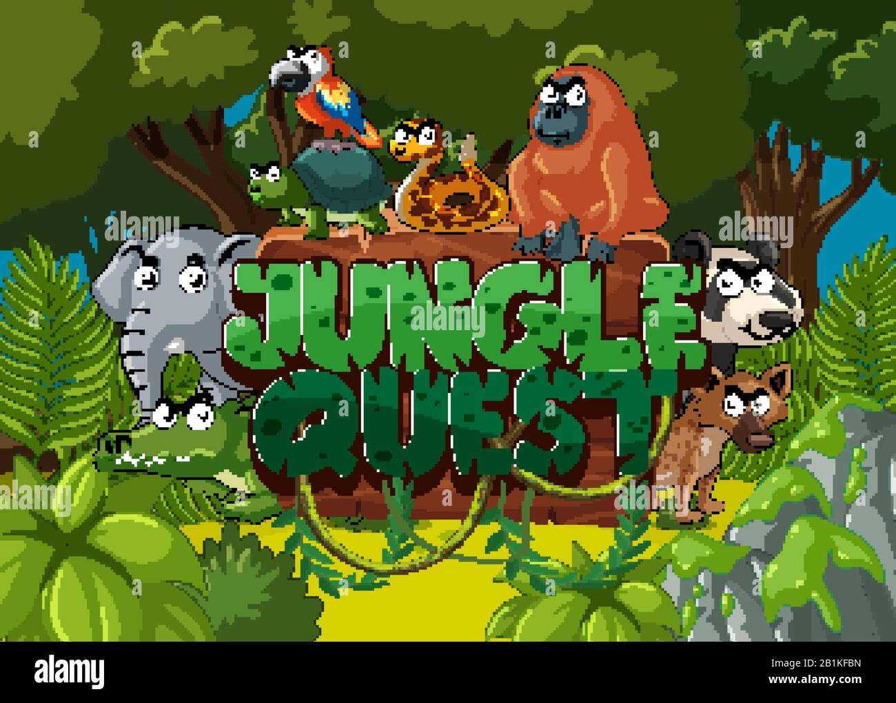 Font design for jungle quest with many animals in forest illustration ...