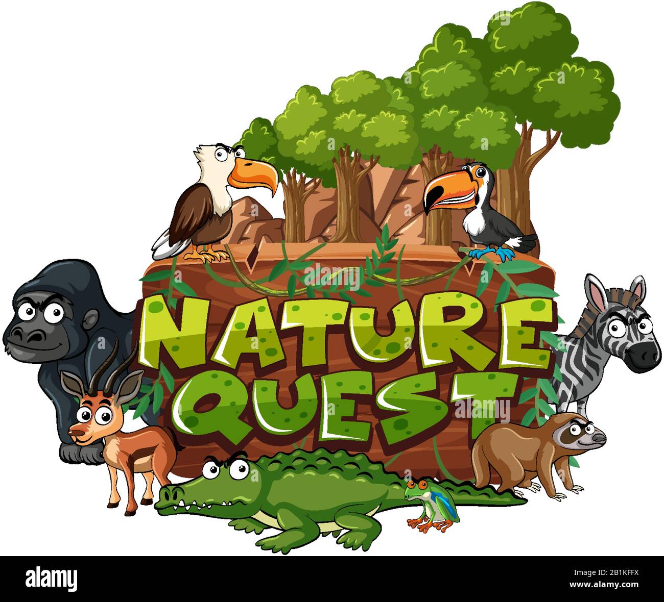 Font design for word nature quest with animals in background ...