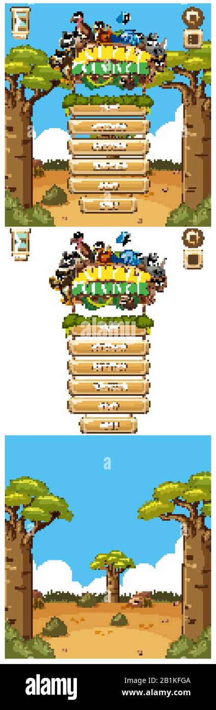 Background design for game menu with animals and field illustration ...