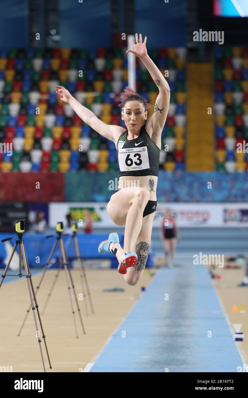 ISTANBUL, TURKEY - FEBRUARY 02, 2020: Undefined athlete long jumping ...