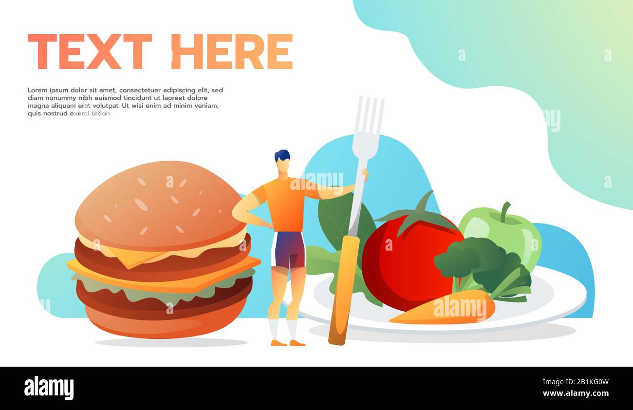 Useful and useless food. Man decide to eat. Vector flat illustration ...