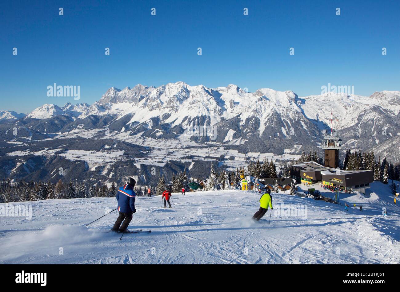 Ski area Planai with view to the mountain station and the Dachstein ...