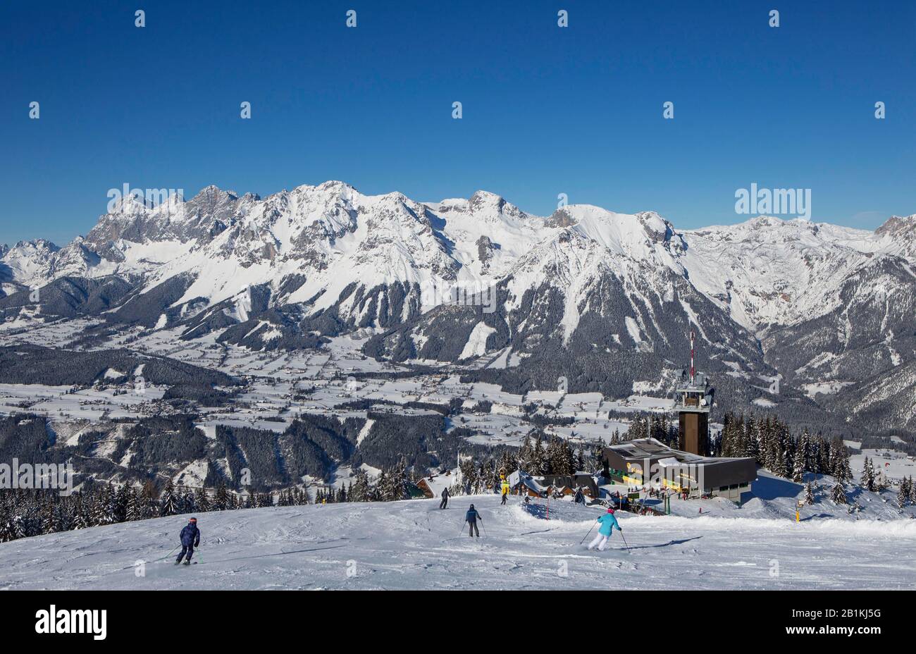 Ski area Planai with view to the mountain station and the Dachstein ...