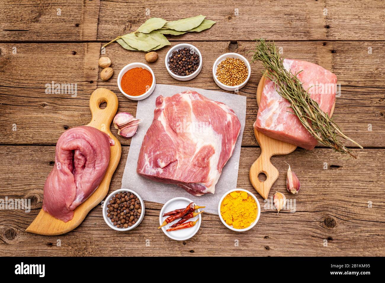 Assorted various fresh pork cuts. Raw meat with spices. Tenderloin ...