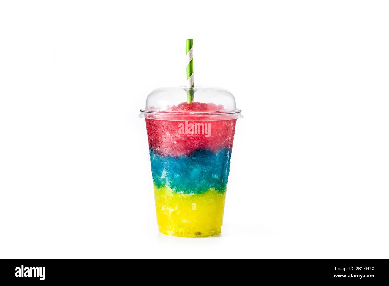 Colorful slushie with straw in plastic cup isolated on white background ...