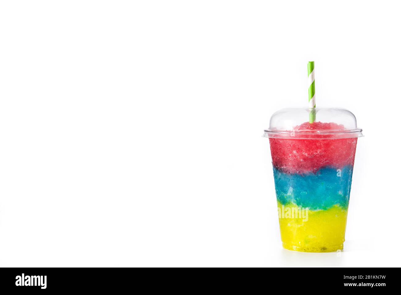 Colorful slushie with straw in plastic cup isolated on white background ...
