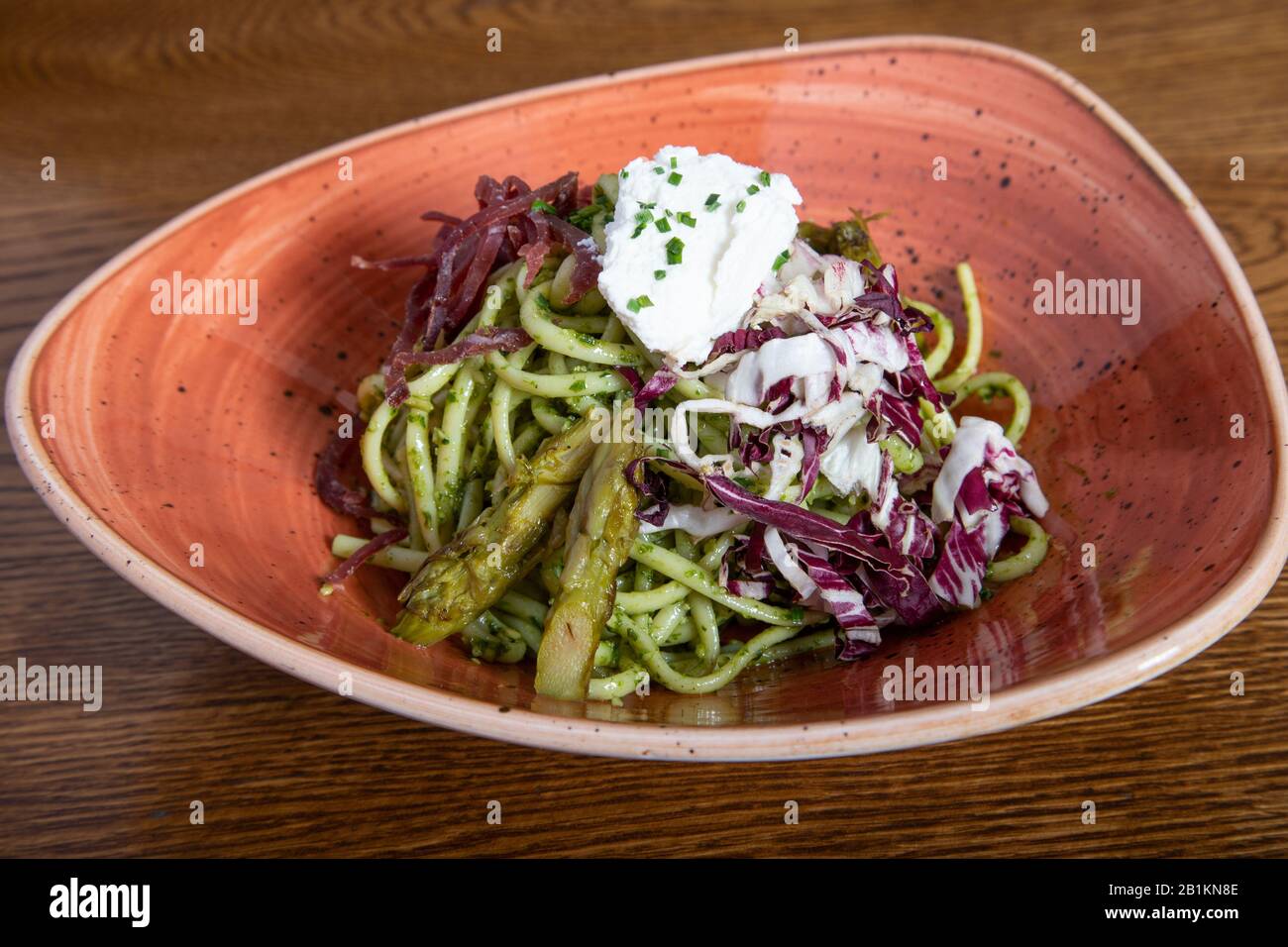 Delicious pasta dish. Linguine pesto with bresaola, radicchio julienne ...