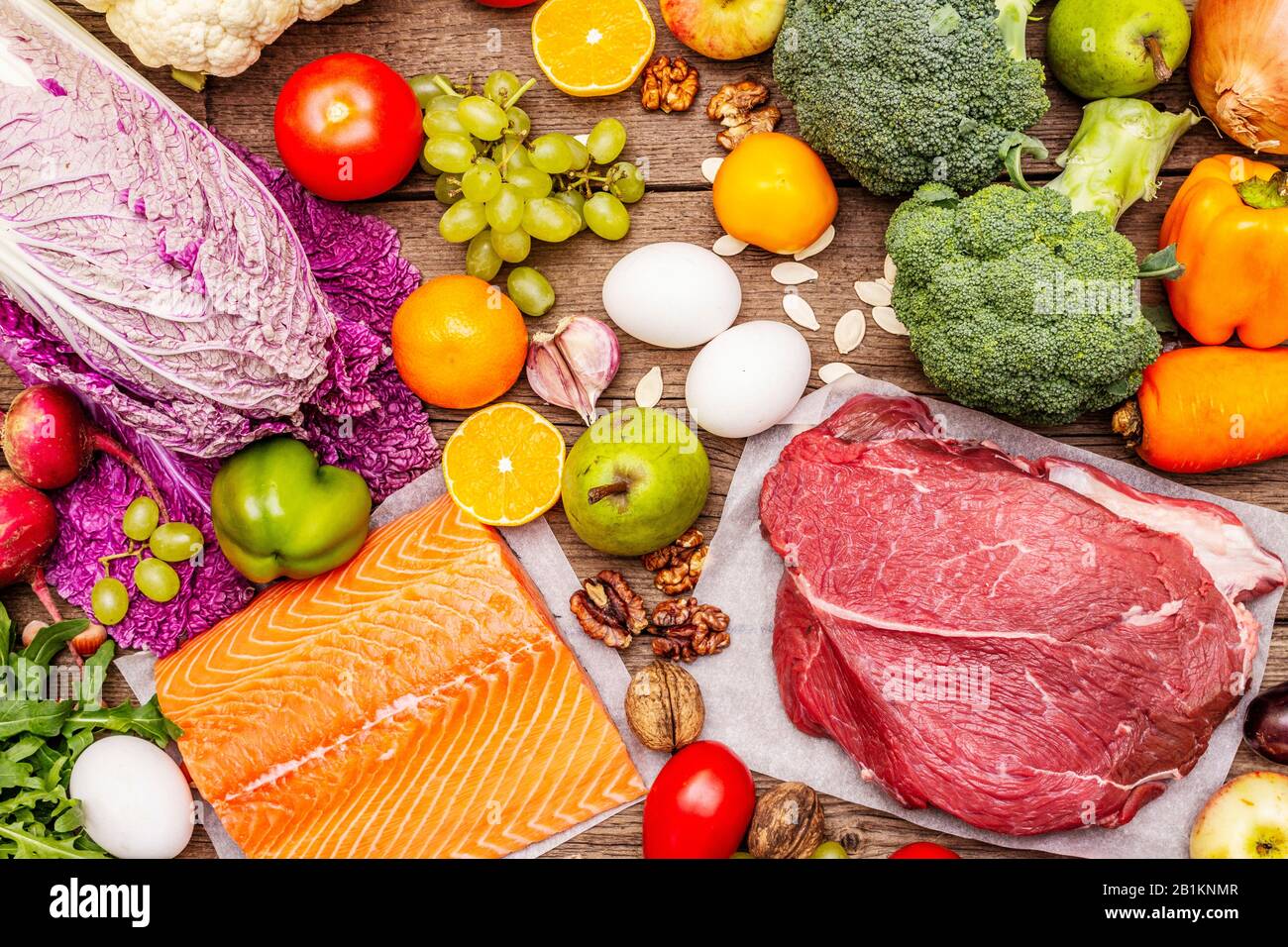 Trending paleo/pegan diet. Healthy balanced food concept. Set of fresh ...