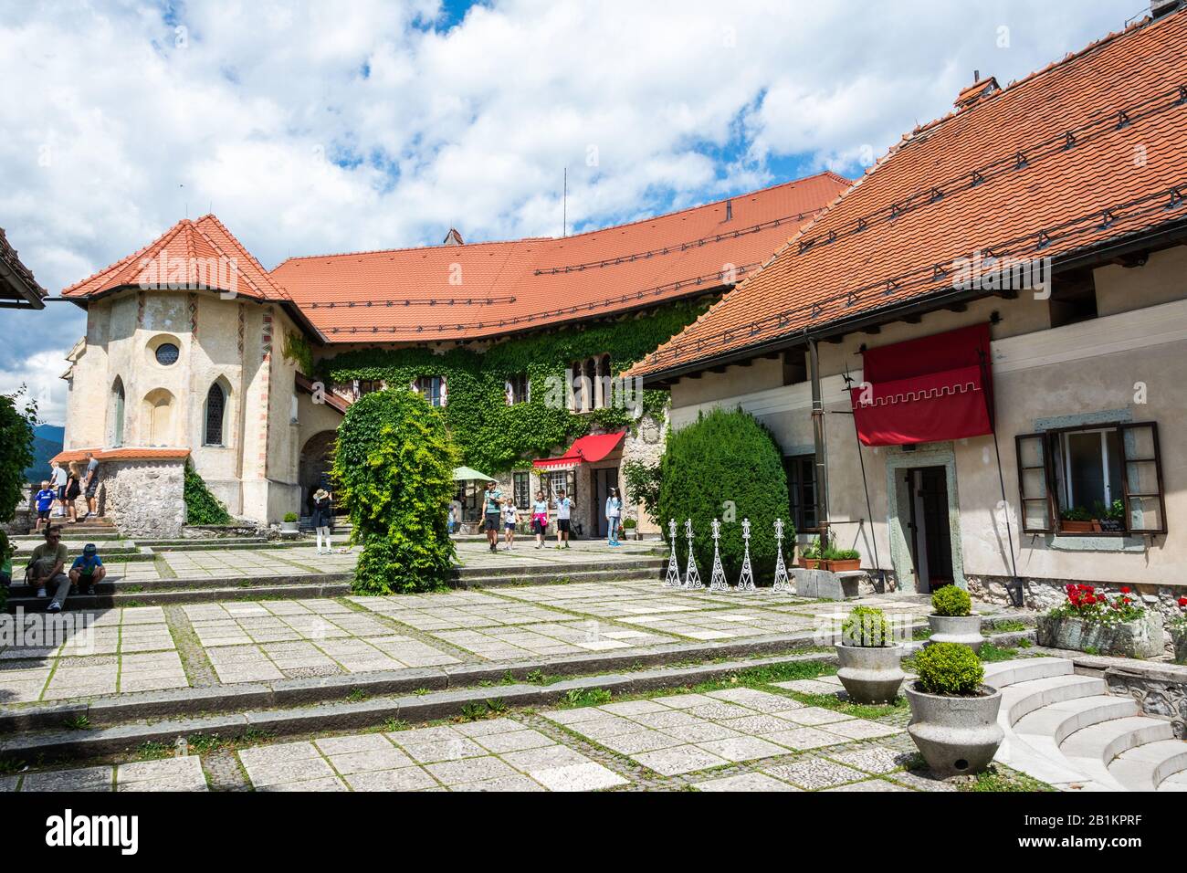 Bled, Slovenia – July 6, 2019. The courtyard of Bled medieval castle ...