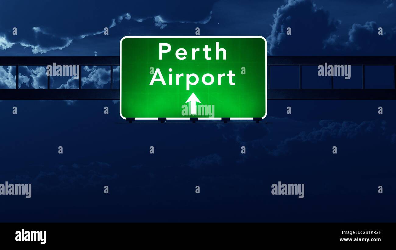 Perth Australia Airport Highway Road Sign 3D Illustration at Night ...