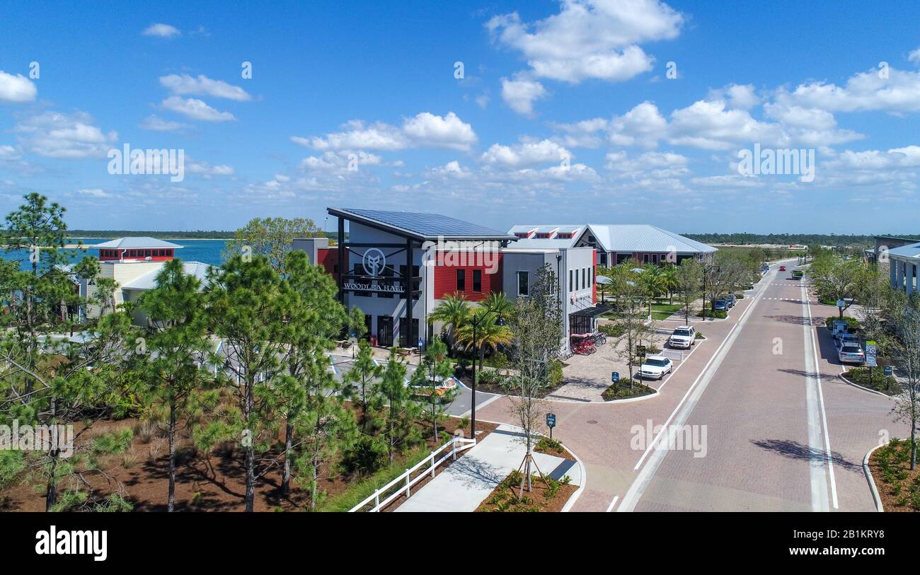 Aerial view of the Founders Square at Babcock Ranch, Florida, a self ...