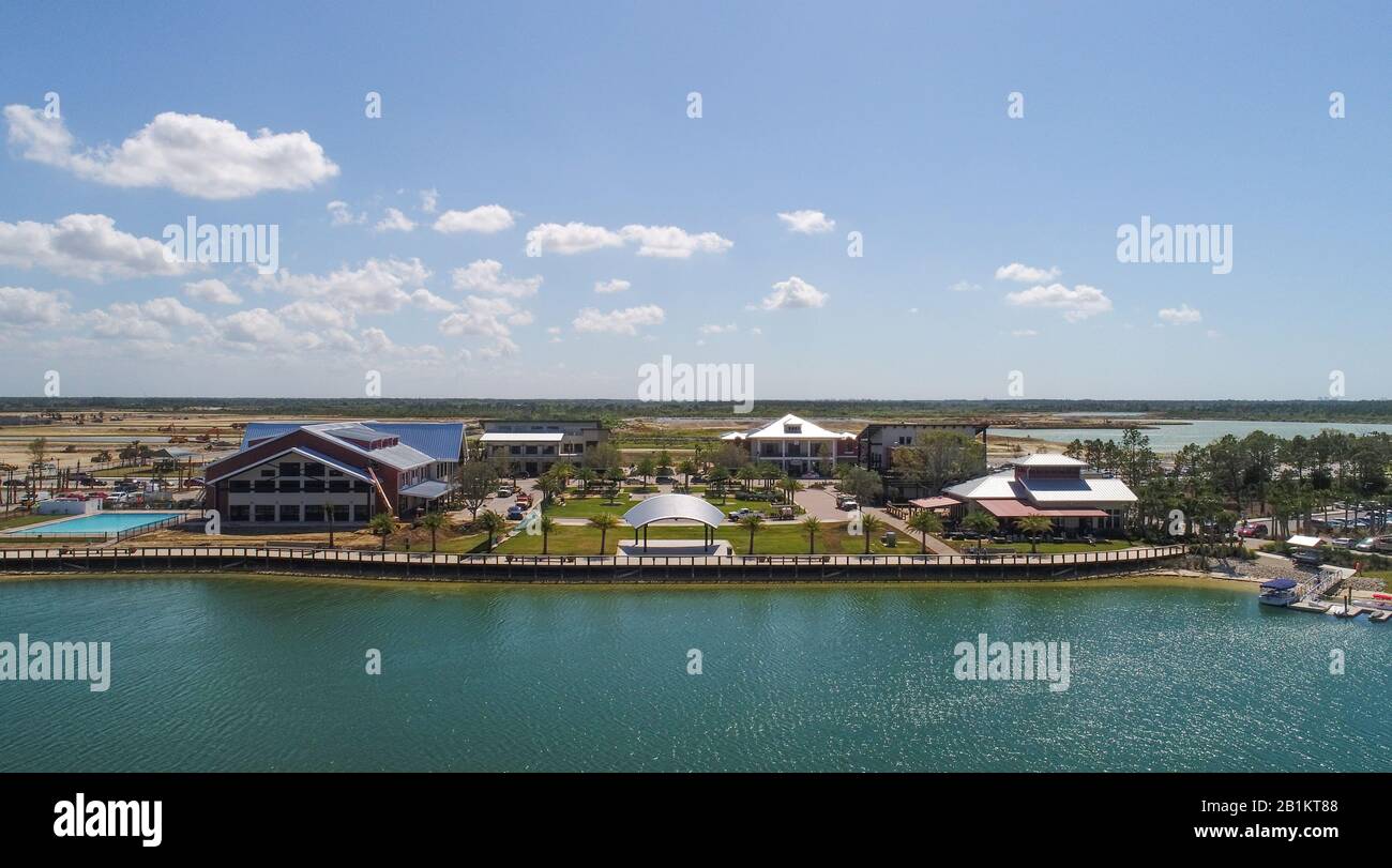 Aerial lake view onto the founders square of Babcock Ranch, Florida, a ...