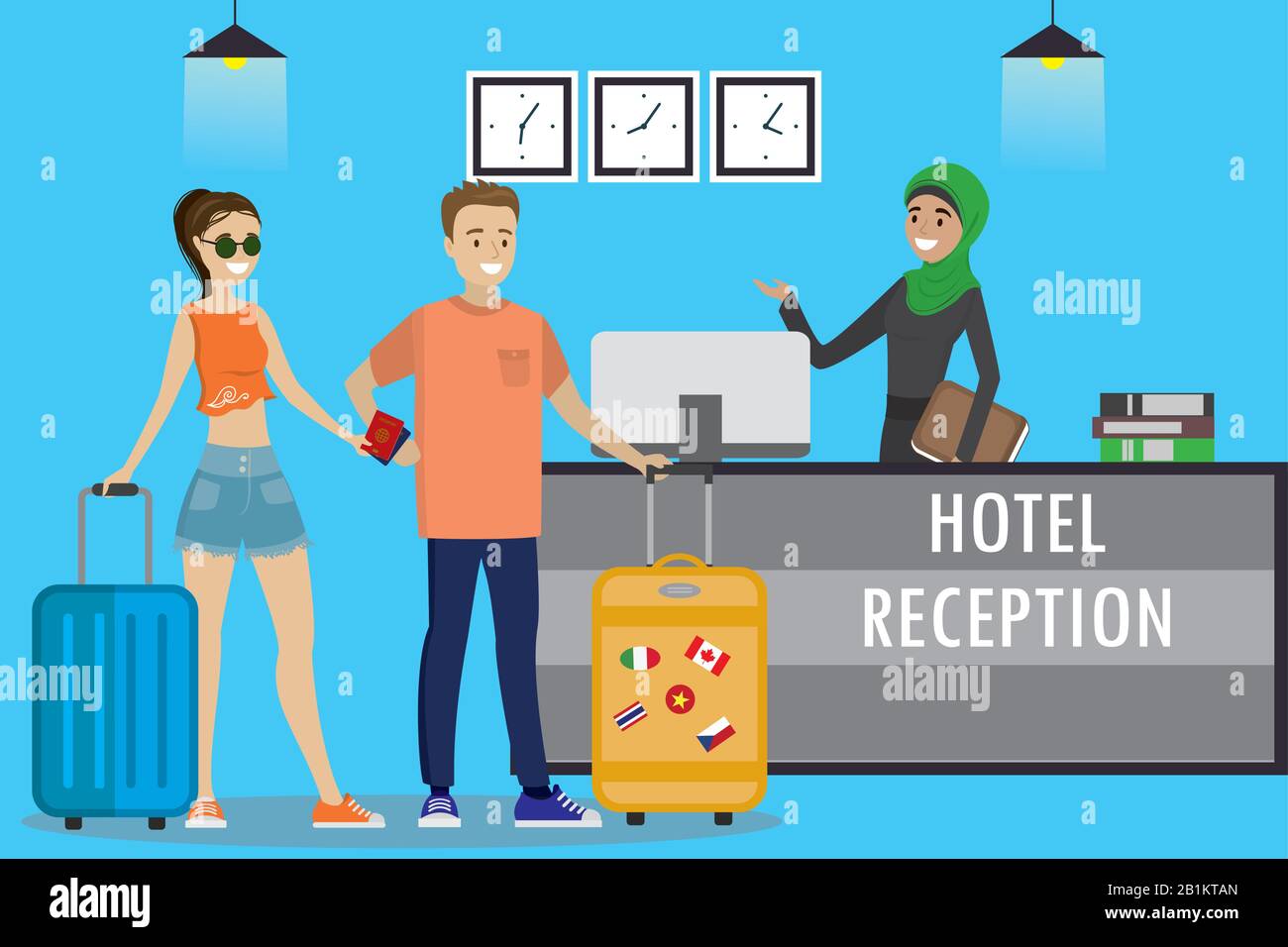 Young arabic woman receptionist in hijab.Caucasian tourists stands at ...