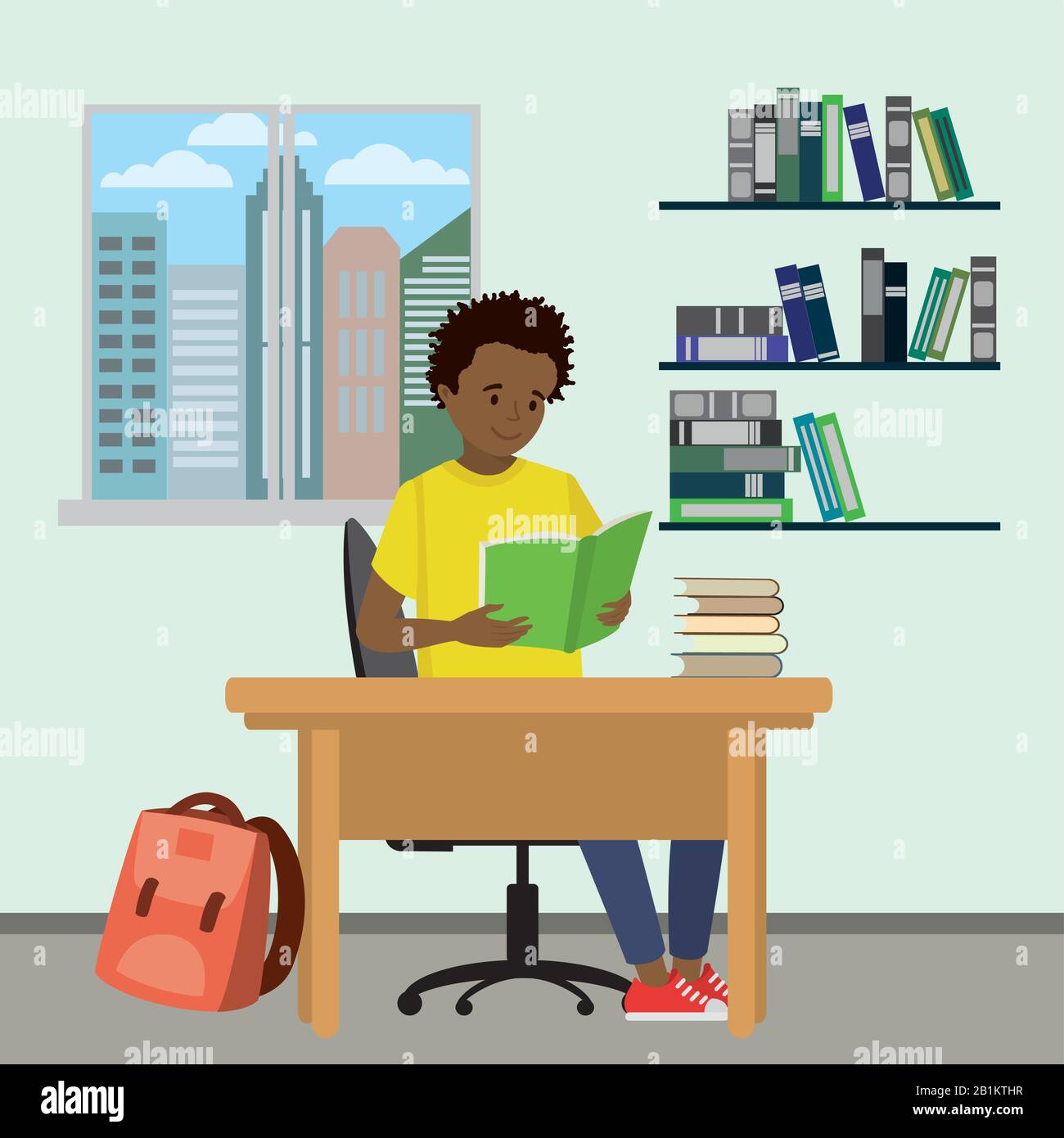 Cartoon african american teenager read book,learning process, interior ...