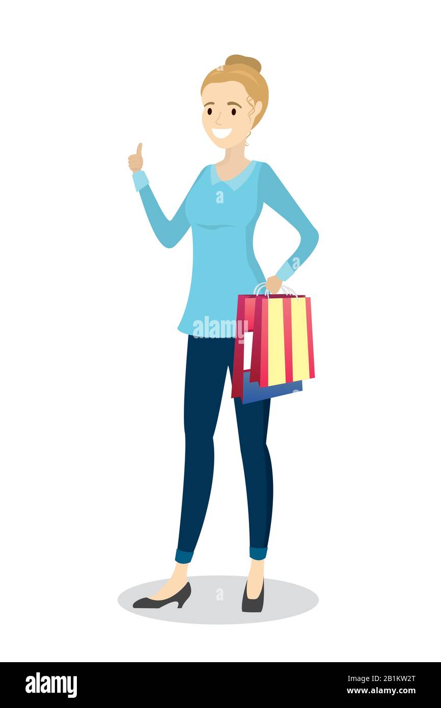 Cute cartoon female after shopping with shopping bags,isolated on white ...
