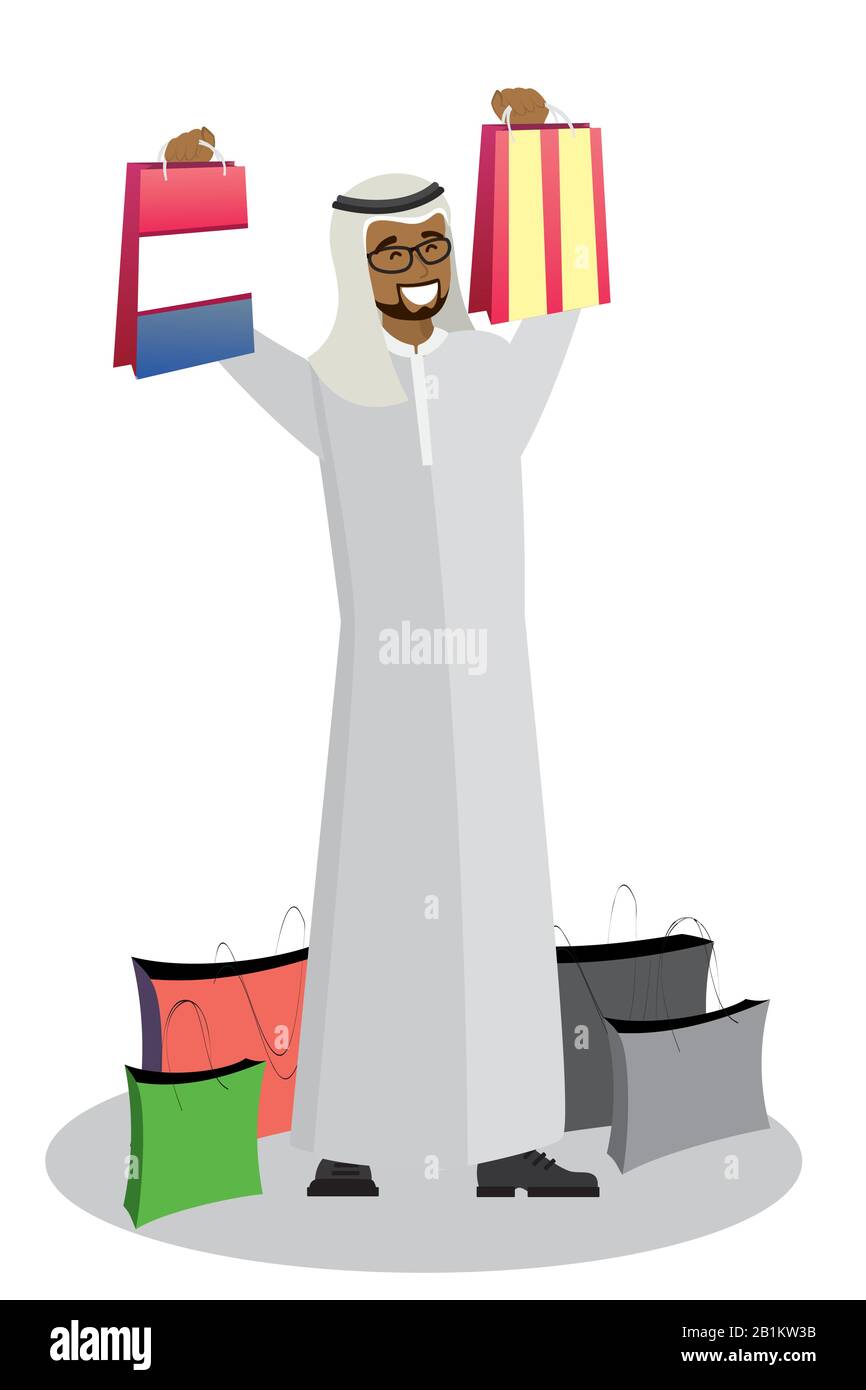 Happy Arab male with shopping bags,Cartoon Muslim character,isolated on ...